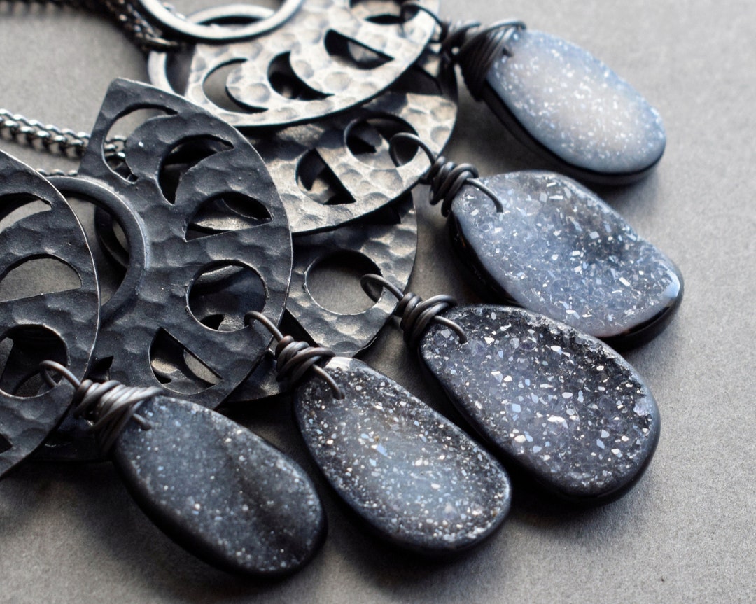 Druzy Moon Phase Necklace, Sparkly Quartz Crystal Pendant, Celestial ...