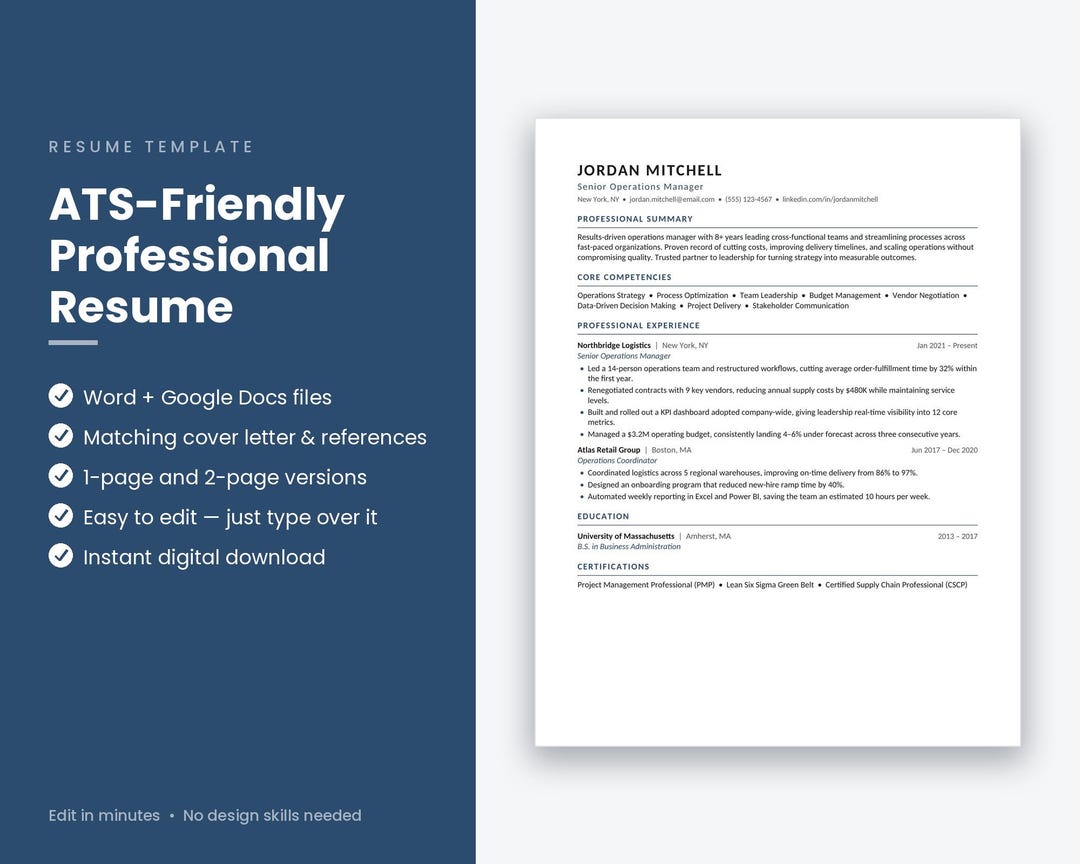 Ats-friendly Professional Resume Template (word, Google Docs) - Etsy