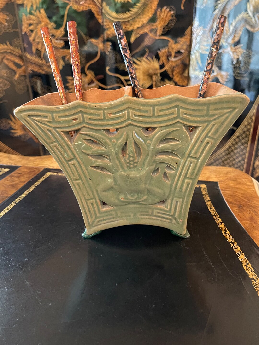 1 CHINESE POTTERY Hanging Chopstick Holder Wall Pockets Green Glaze ...