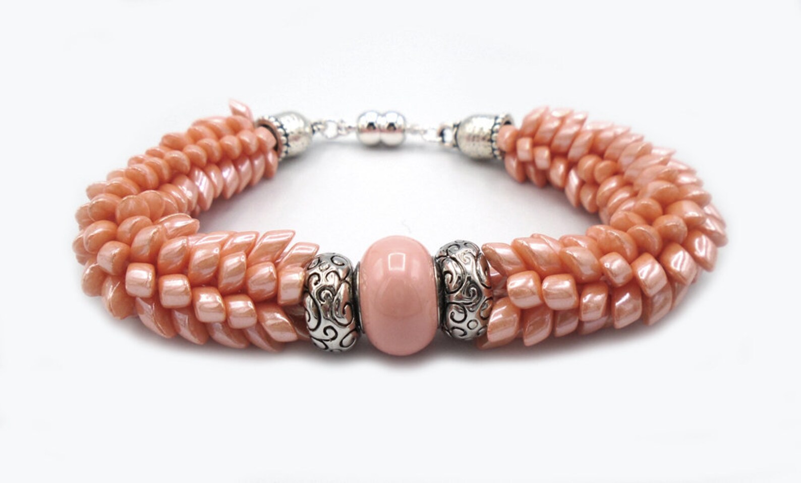 KUMIHIMO BEADED BRACELET Salmon Magatamas With Focal Beads Center Woven ...