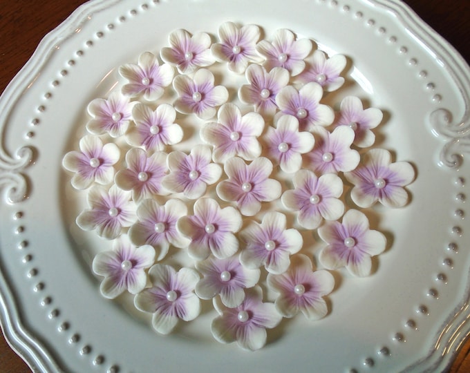 VIOLET on WHITE Gum Paste Blossoms. 30 Violet Cake Topper and Cupcake Decorations Sugar Paste ...