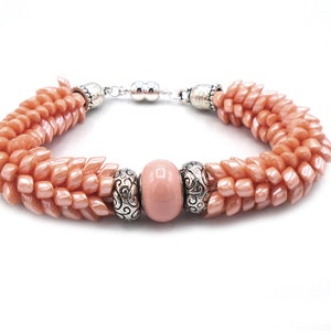 KUMIHIMO BEADED BRACELET Salmon Magatamas With Focal Beads Center Woven ...