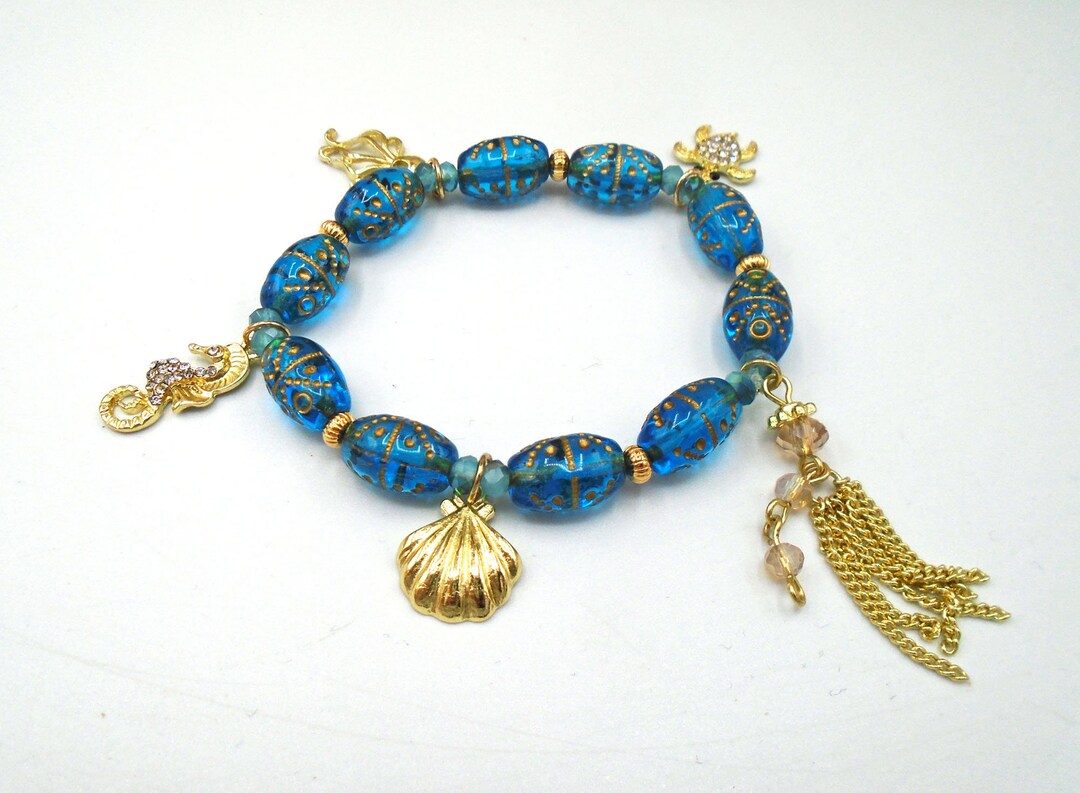 CZECH GLASS Capri Blue Sea Life Charm Bracelet, Stretch Sea Life Charm ...