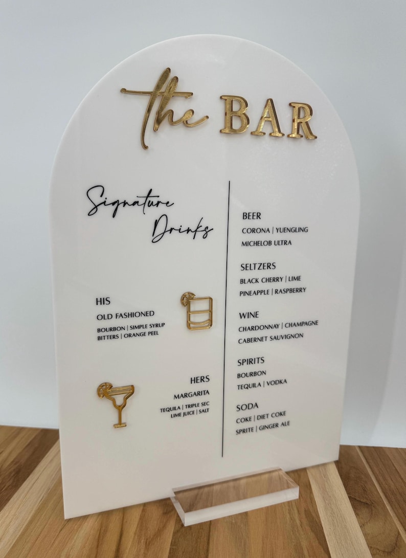 Bar Menu Acrylic Table Sign for Weddings, Events, Restaurants, Etc ...