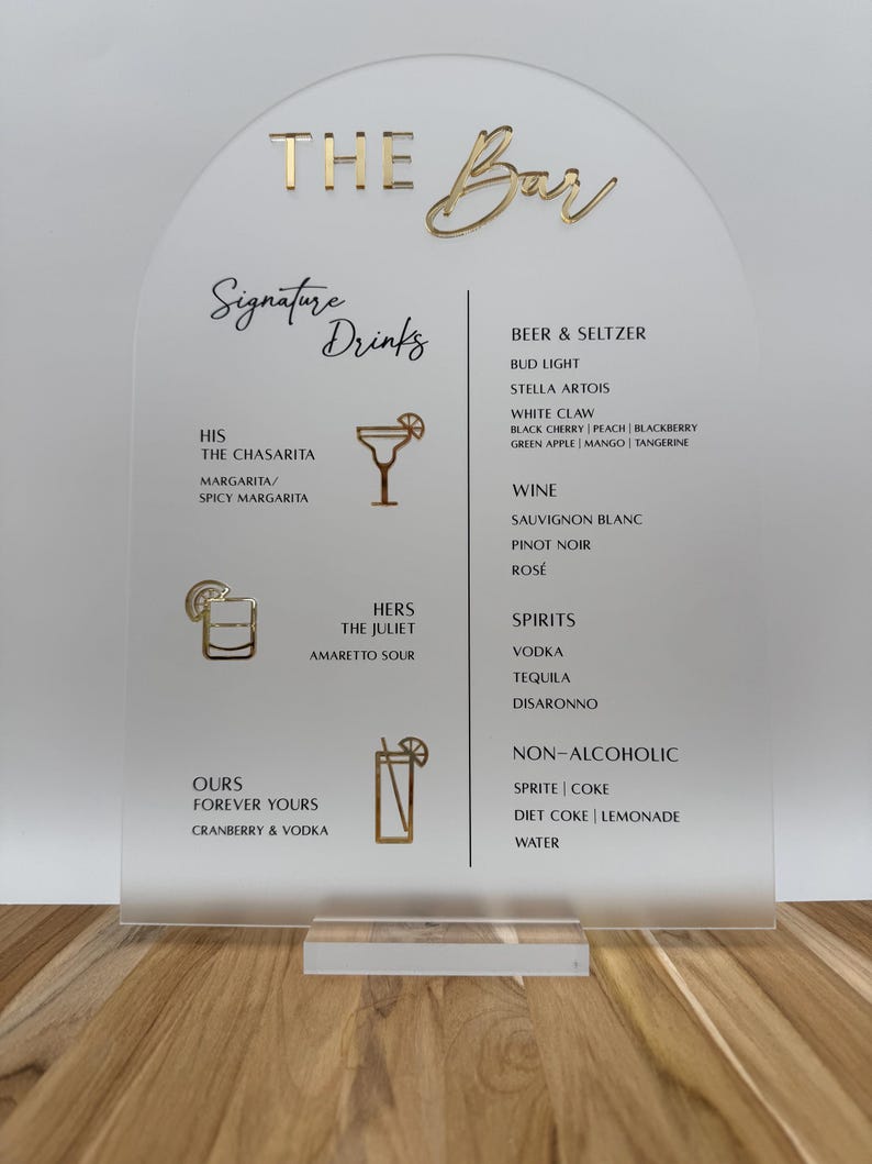 Bar Menu Acrylic Table Sign for Weddings, Events, Restaurants, Etc ...