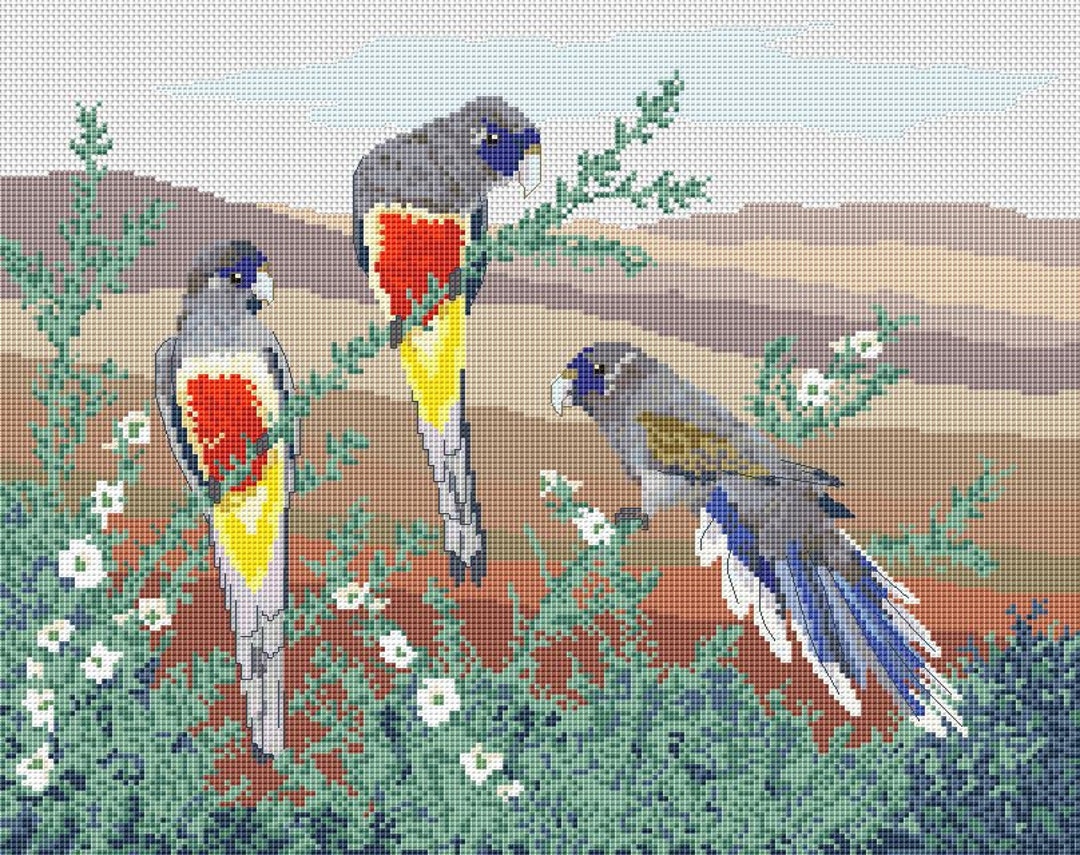 Blue Bonnet Parrots in the Arid Lands, a Counted Cross Stitch Kit by ...