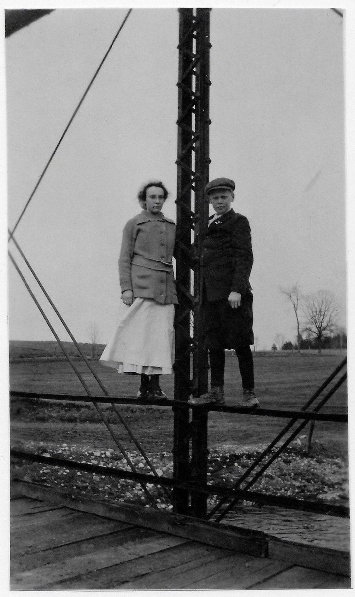Old Photo Teen Girl and Boy Standing on Bridge Railing Wearing Dress ...