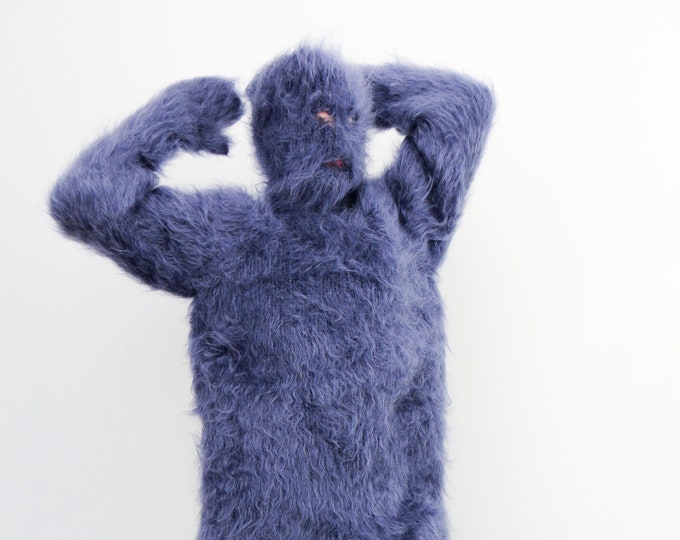 Blue Mohair Catsuit With Balaclava Fuzzy Overall With Socks Mittens ...