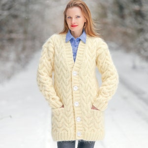 Supertanya Long Mohair Coatigan V Neck Mohair Cardigan Long Cable Knit ...