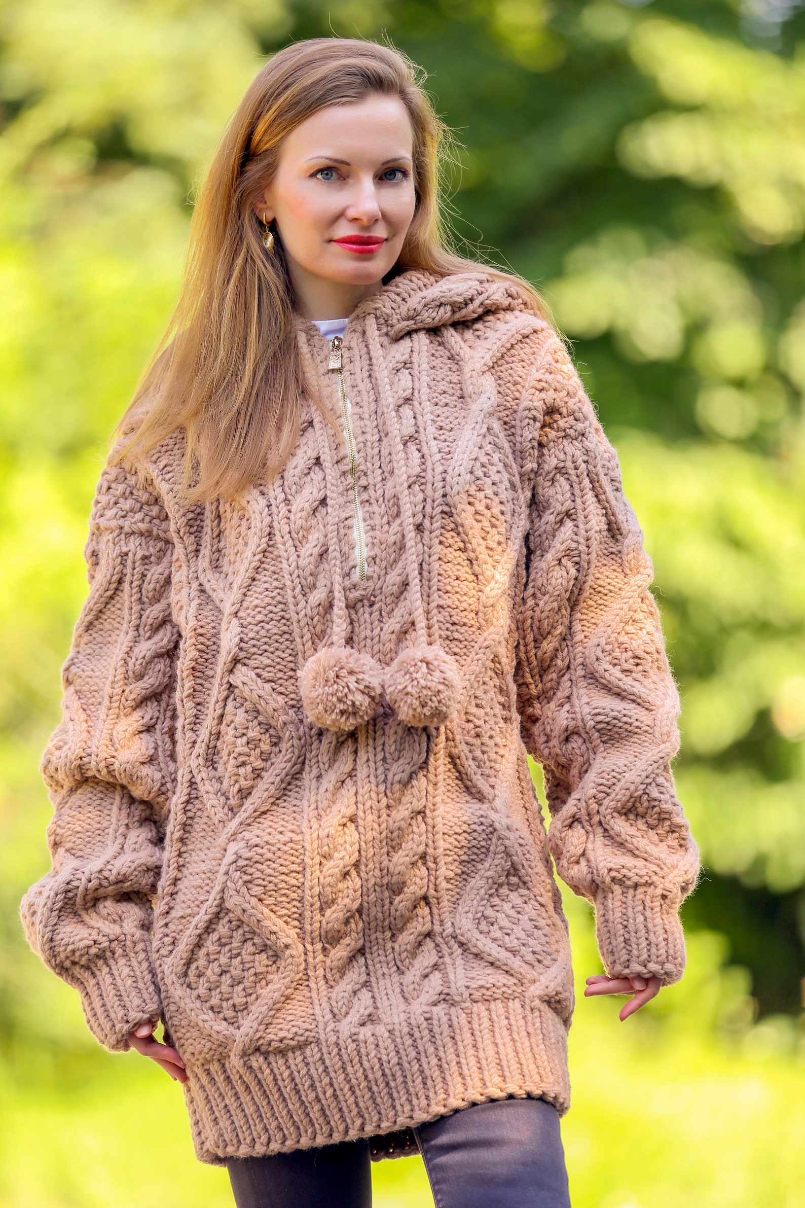 Beige Hoodie Sweater Designer Thick Cable Sweater Wool Hood - Etsy