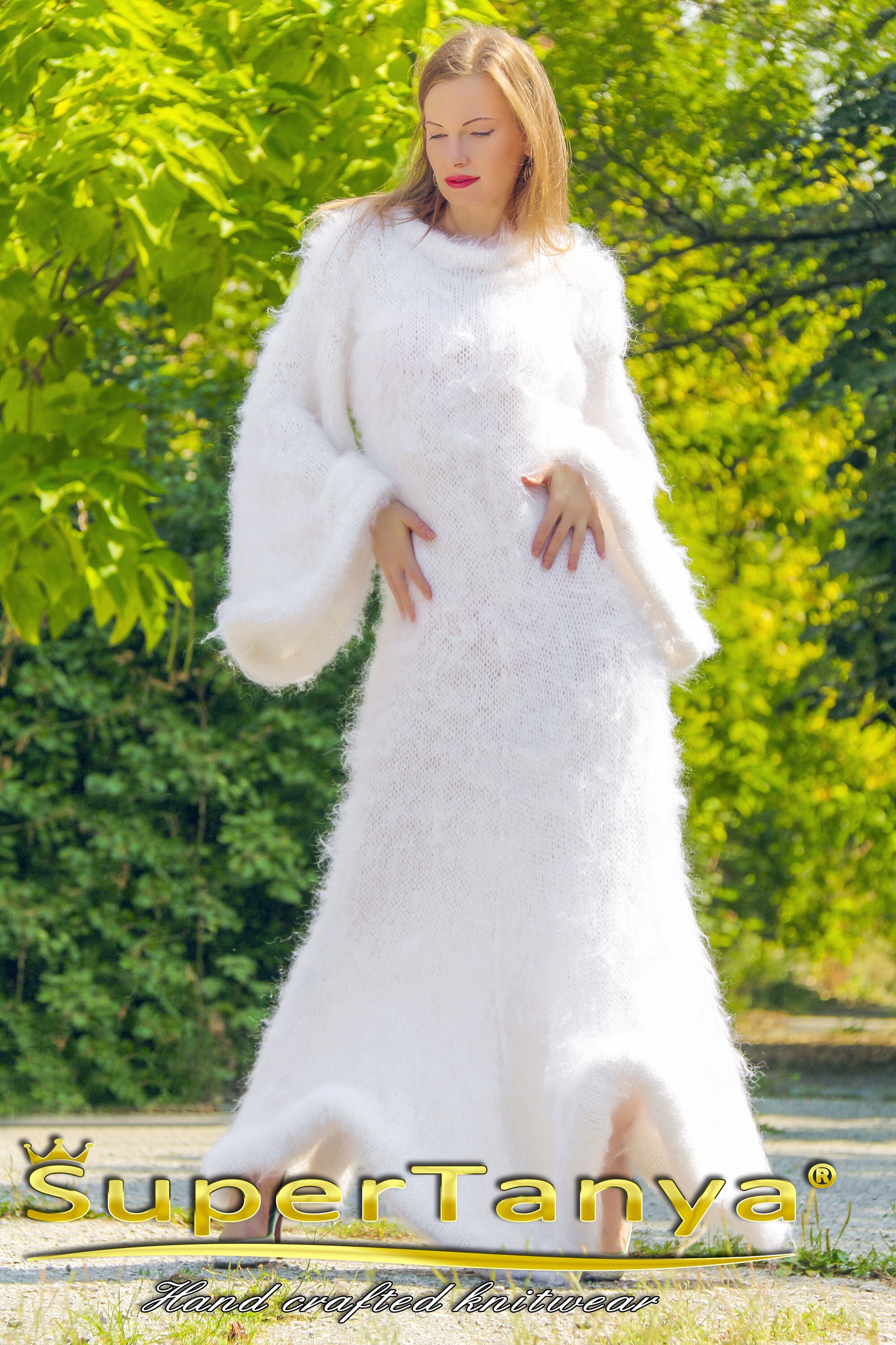 Fuzzy dress with wide sleeves hand knitted designer fuzzy gown | Etsy