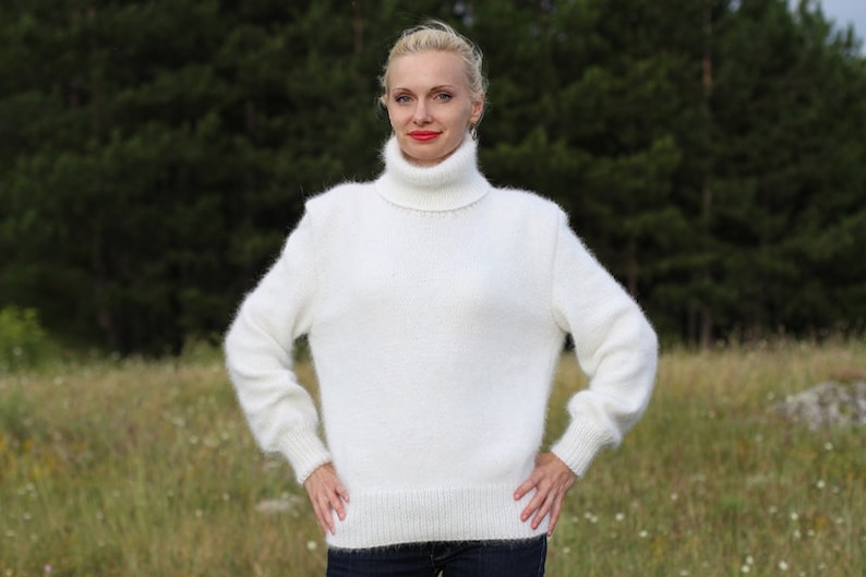 Rabbit Angora Sweater off White Fuzzy Jumper Hand Knitted Turtleneck ...