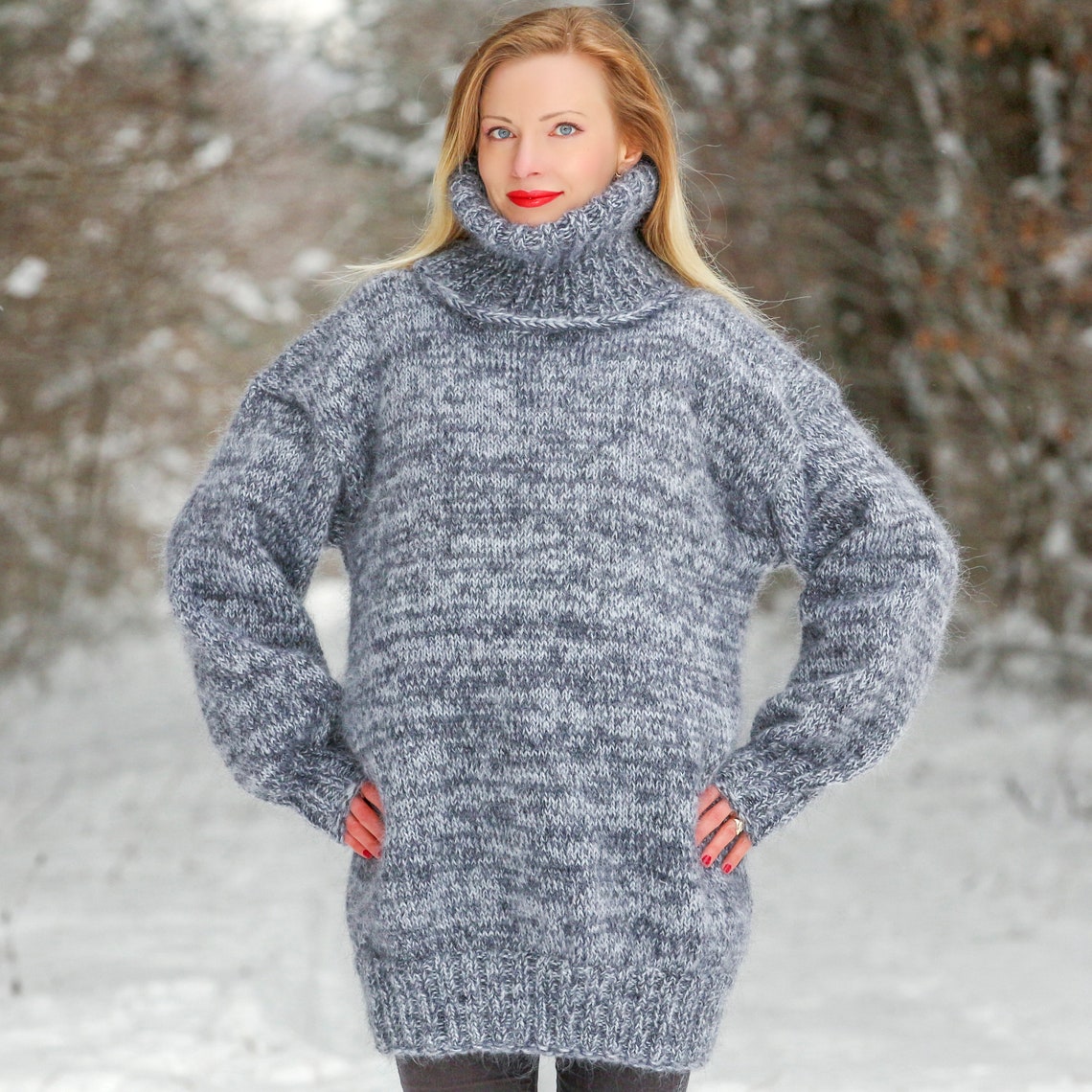 Dicker Fuzzy Long Mohair Sweater Handgestrickter Rollkragenpullover von ...