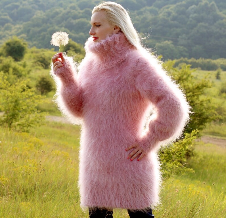 Thick Fuzzy Mohair Sweater Dress Hand Knitted Turtleneck Fuzzy ...