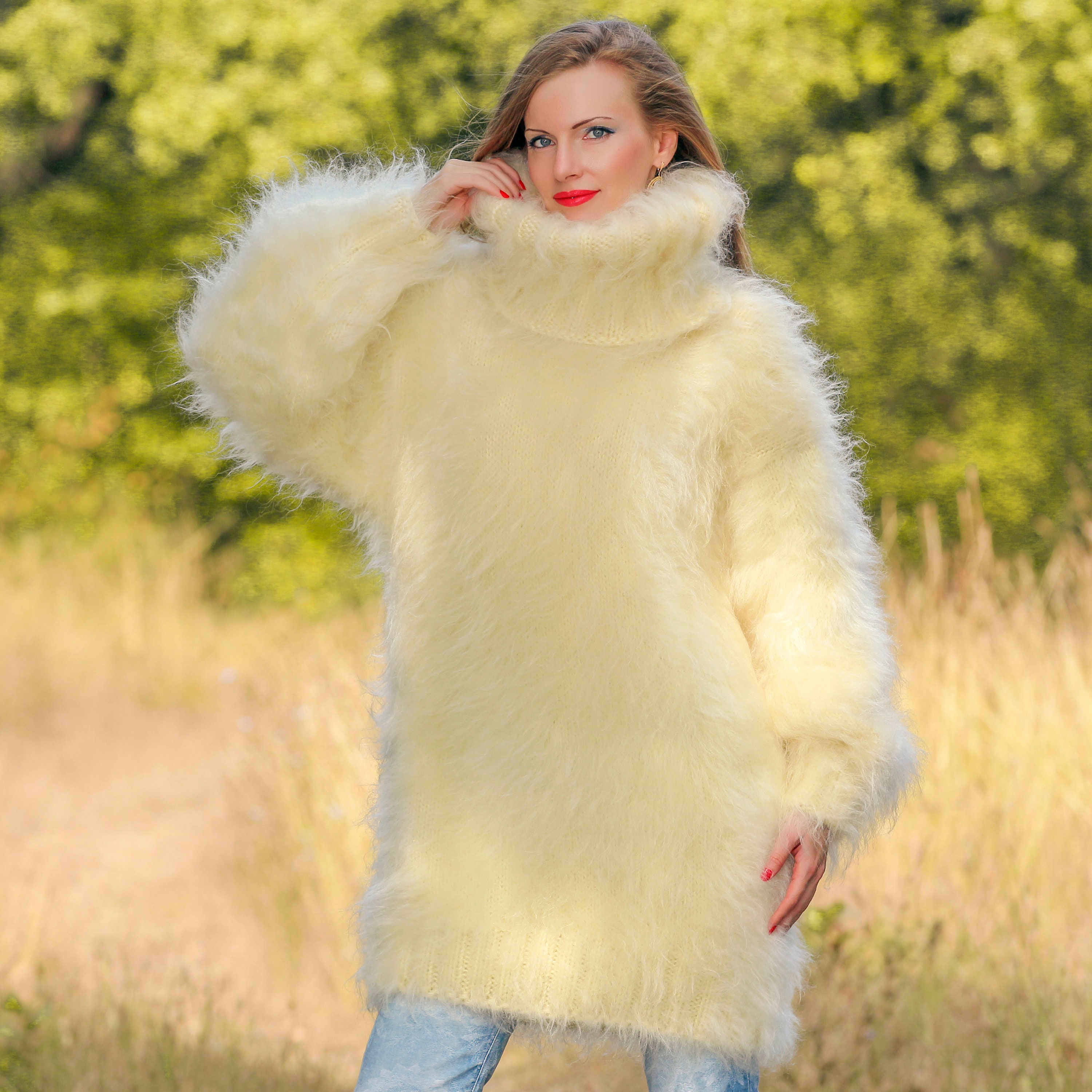 Dicker Fuzzy Long Mohair Sweater Handgestrickter Rollkragenpullover von ...