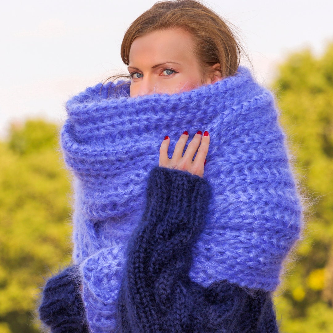 Extra Long Blue Fuzzy Mohair Scarf Handmade Fuzzy Shawl READY TO SHIP ...