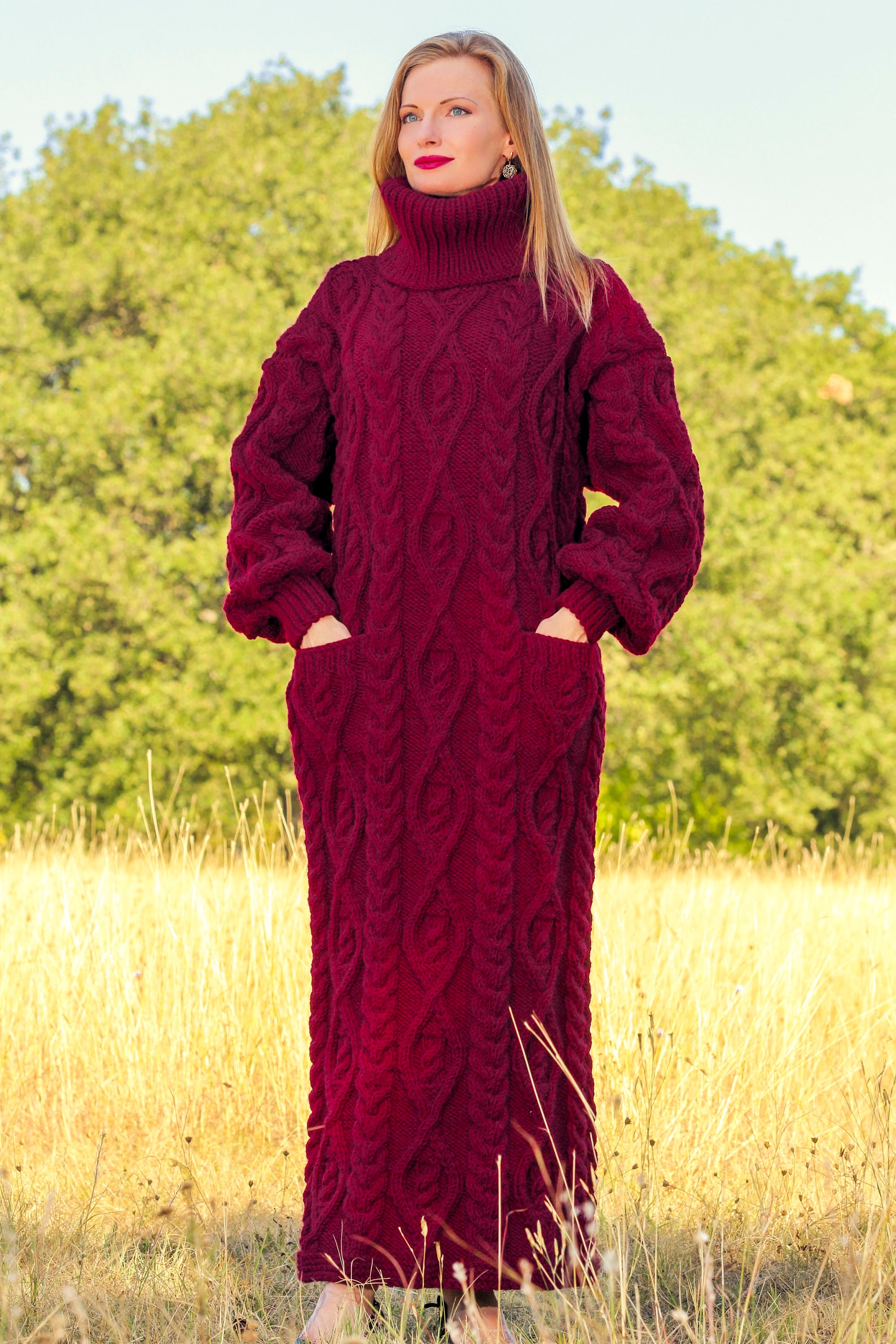 Luxurious Cable Knit Wool Dress Hand Knitted Long Turtleneck Sweater ...
