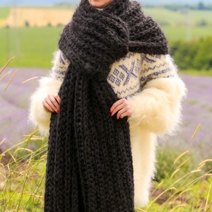 Black Extra Long Fuzzy Mohair Scarf Handmade Fuzzy Shawl READY TO SHIP ...