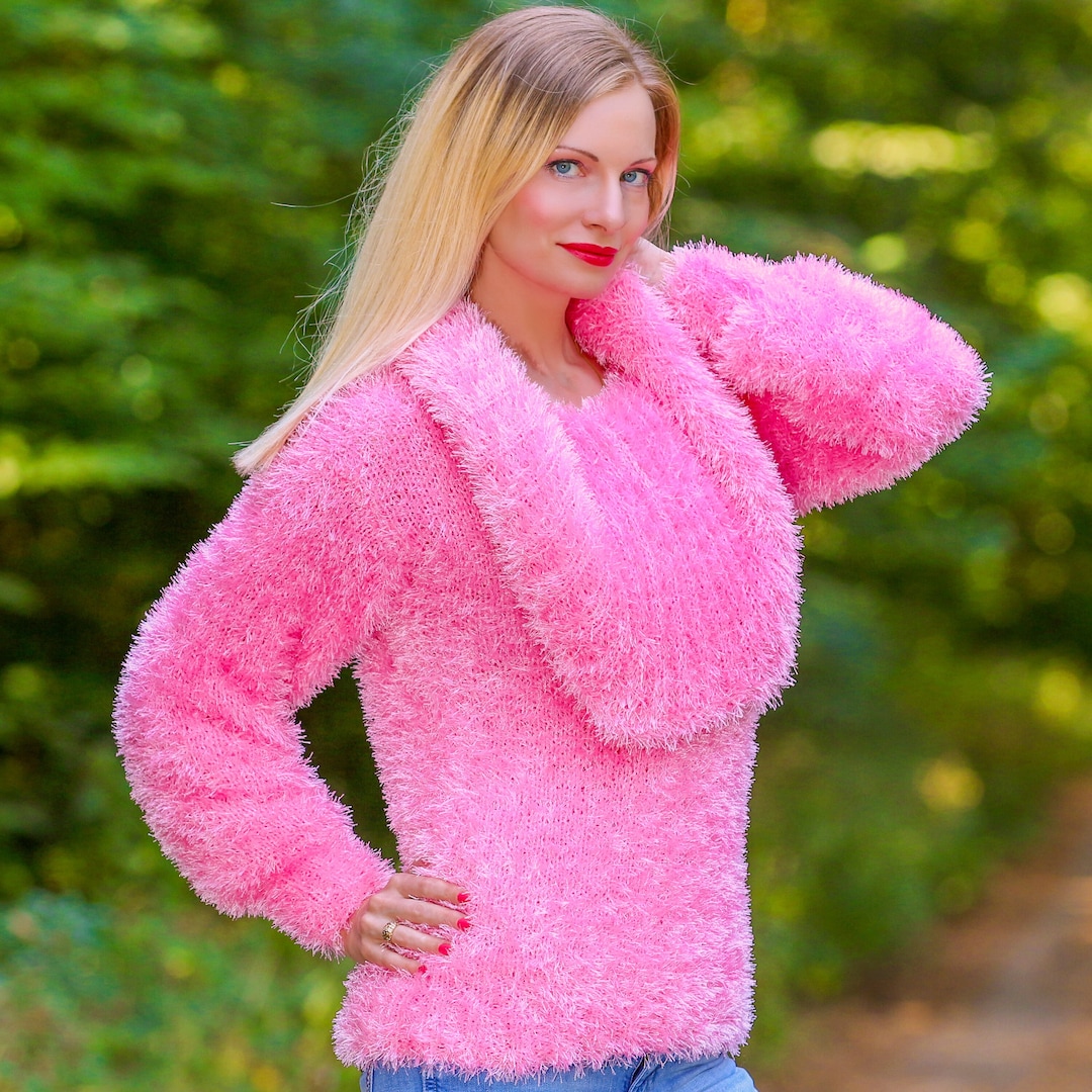 Fuzzy Pink Cowlneck Sweater Decofur Fluffy Pullover Ready to Ship Size ...