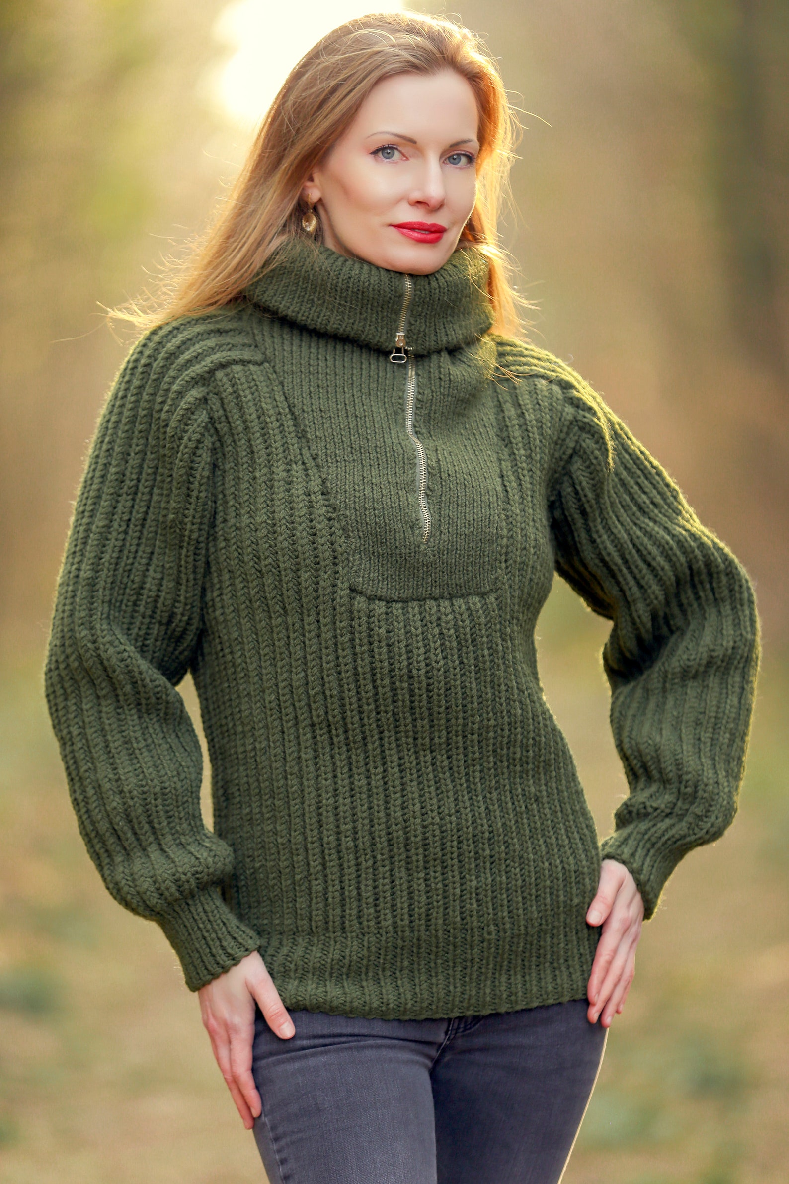 Green Wool Sweater With Zipper Turtleneck Wide Collar Hand - Etsy