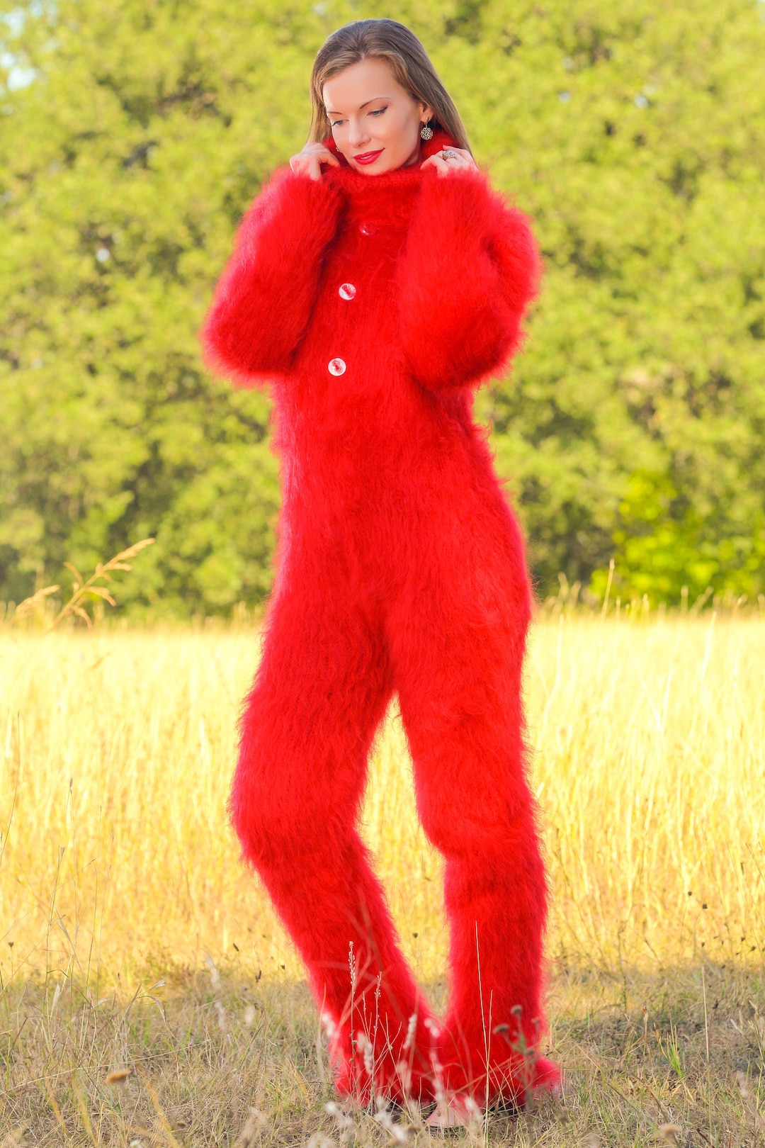 Red Fluffy Mohair Catsuit Fuzzy Soft Fuzzy Bodysuit by Supertanya Ready ...
