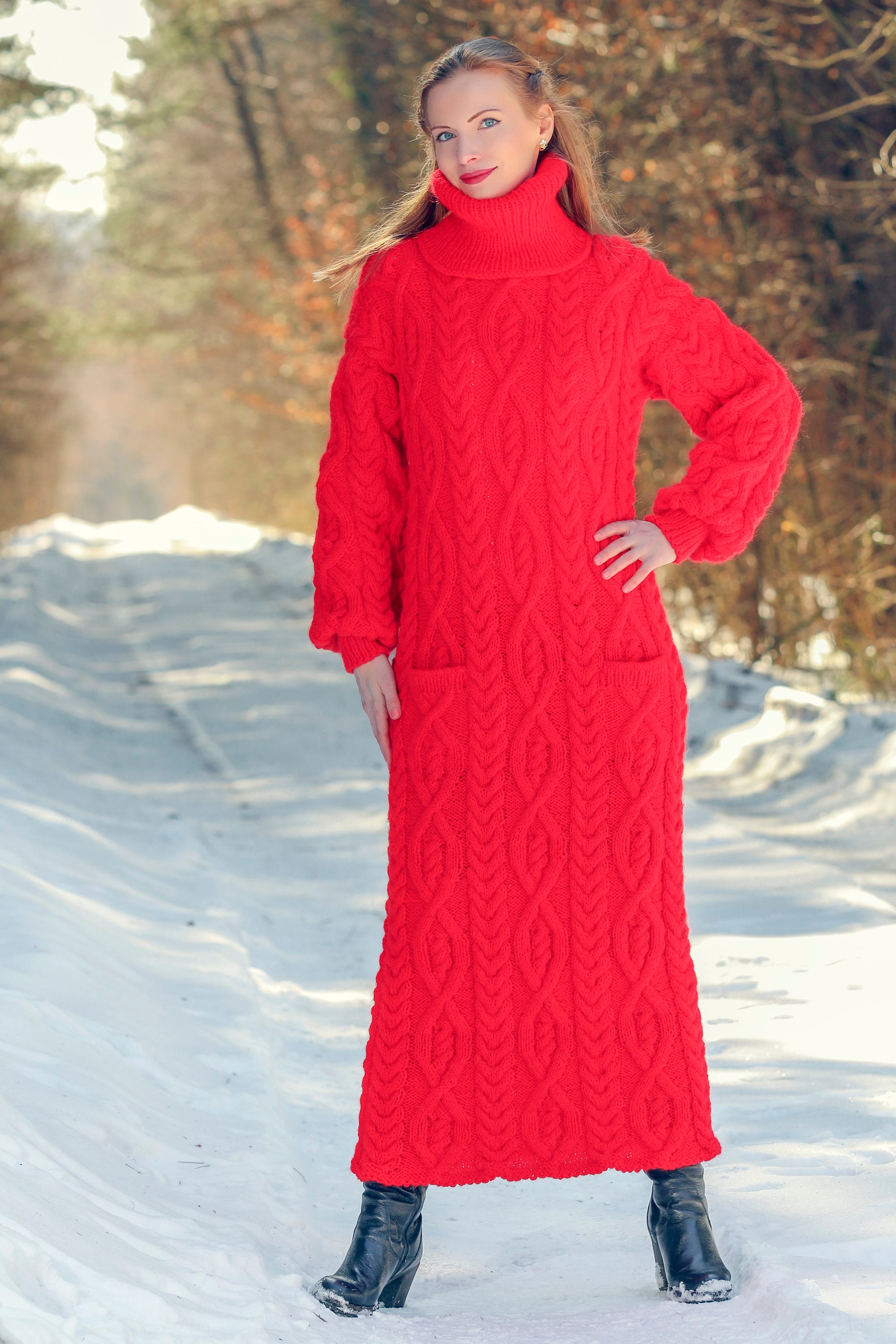 SUPERTANYA Red Wool Dress Long Cable Knit Designer Dress Supertanya ...