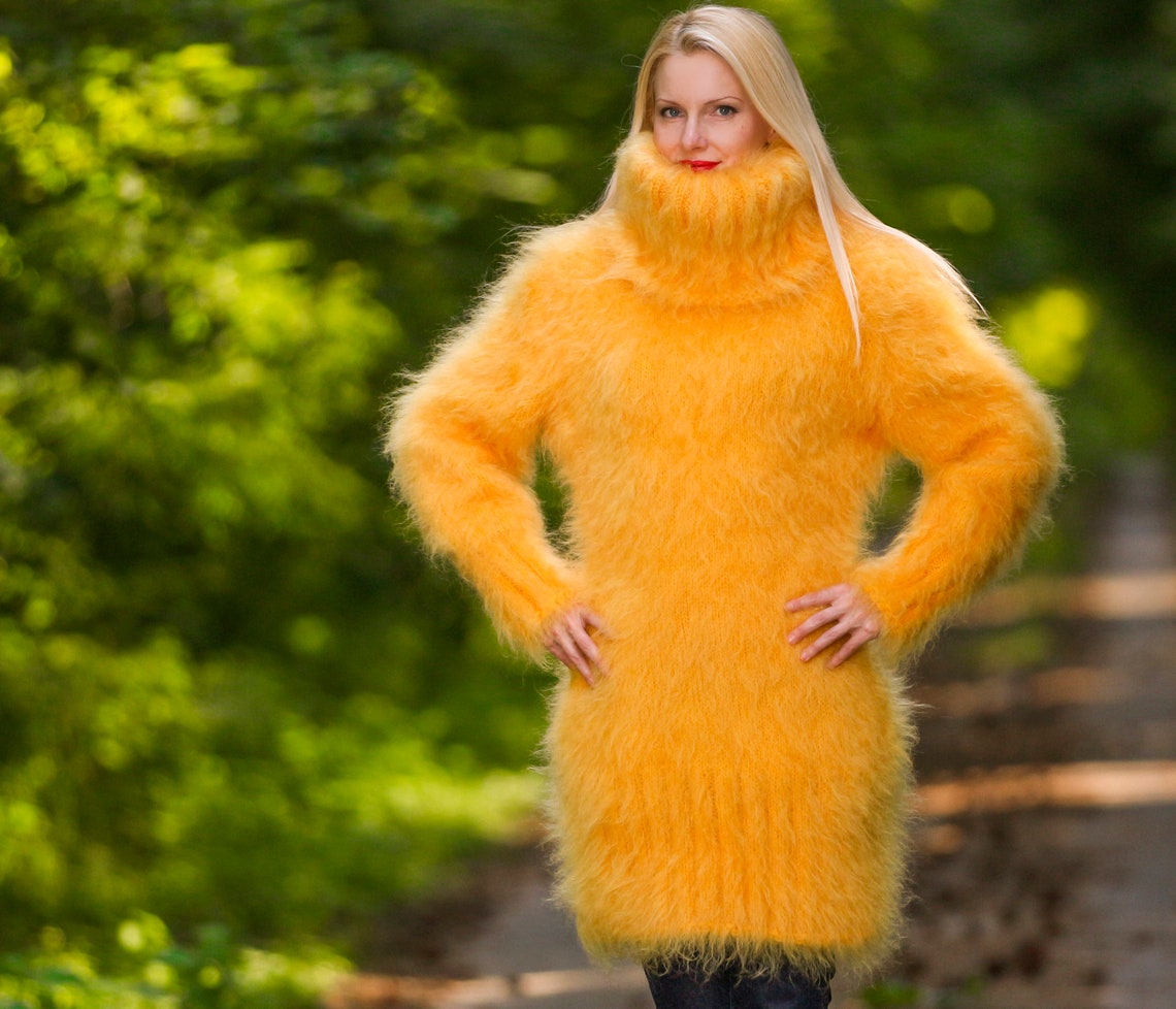 Thick Fuzzy Mohair Sweater Dress Hand Knitted Turtleneck Fuzzy | Etsy