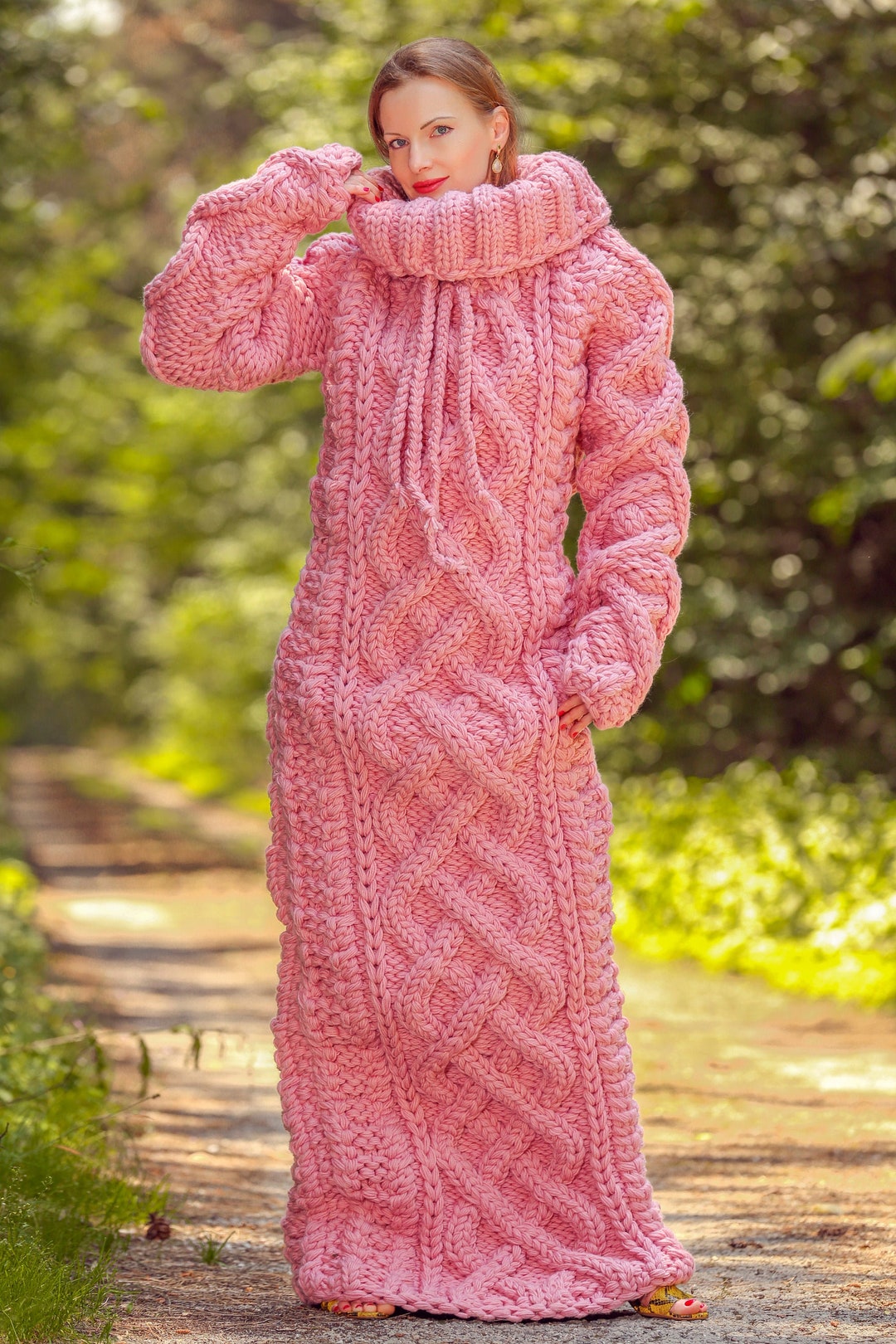 Мega Thick Cable Wool Dress Pink Handgestrickte Dress Extra Long Wool ...