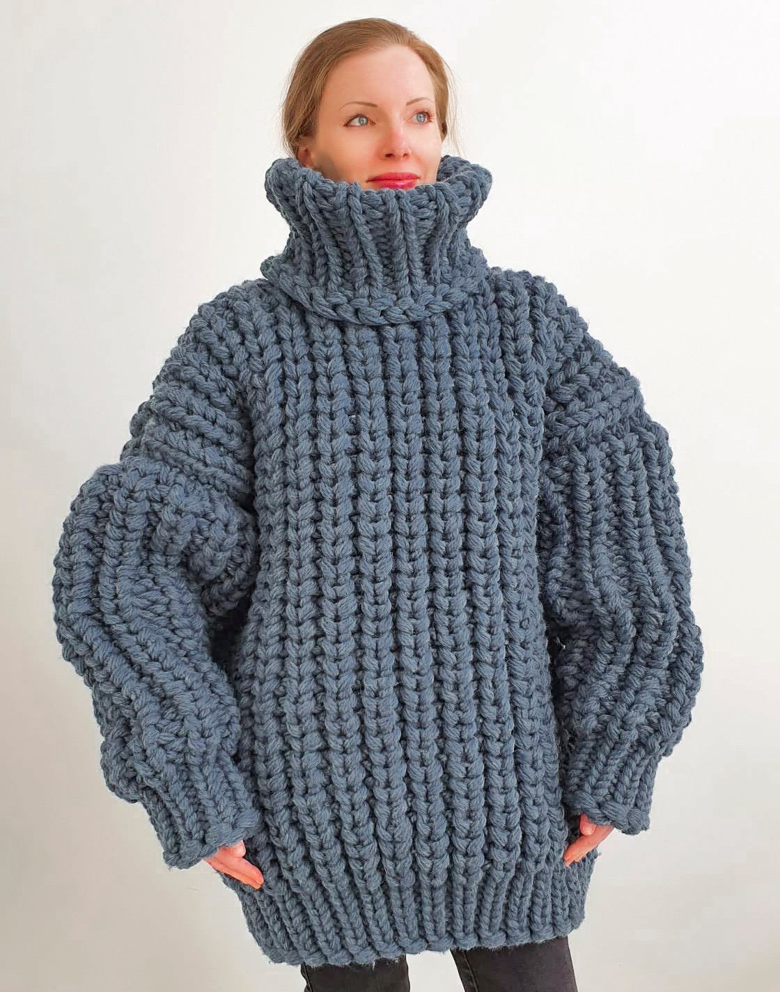 Thick Natural Wool Sweater Organic Wool Pullover Denim Blue Chunky ...