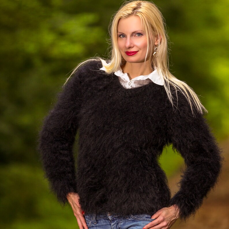 Fuzzy V Neck Mohair Sweater Hand Knitted Fluffy Pullover Warm Jumper ...