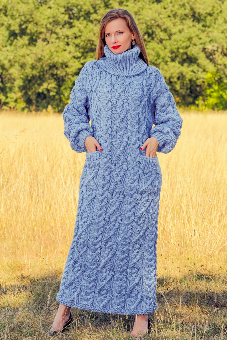 Luxurious Cable Knit Wool Dress Hand Knitted Long Turtleneck Sweater ...
