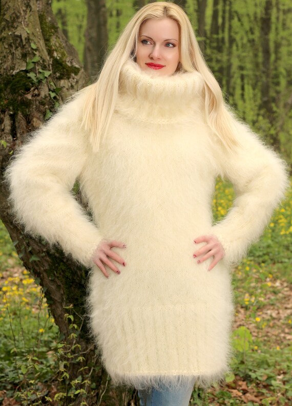 Supertanya Mohair Dress Ivory Fuzzy Sweater Tunic Hand Knitted Etsy