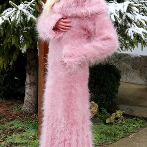 Fuzzy Pink Cowlneck Mohair Dress Long Fuzzy Dress Hand Knitted Gown by ...