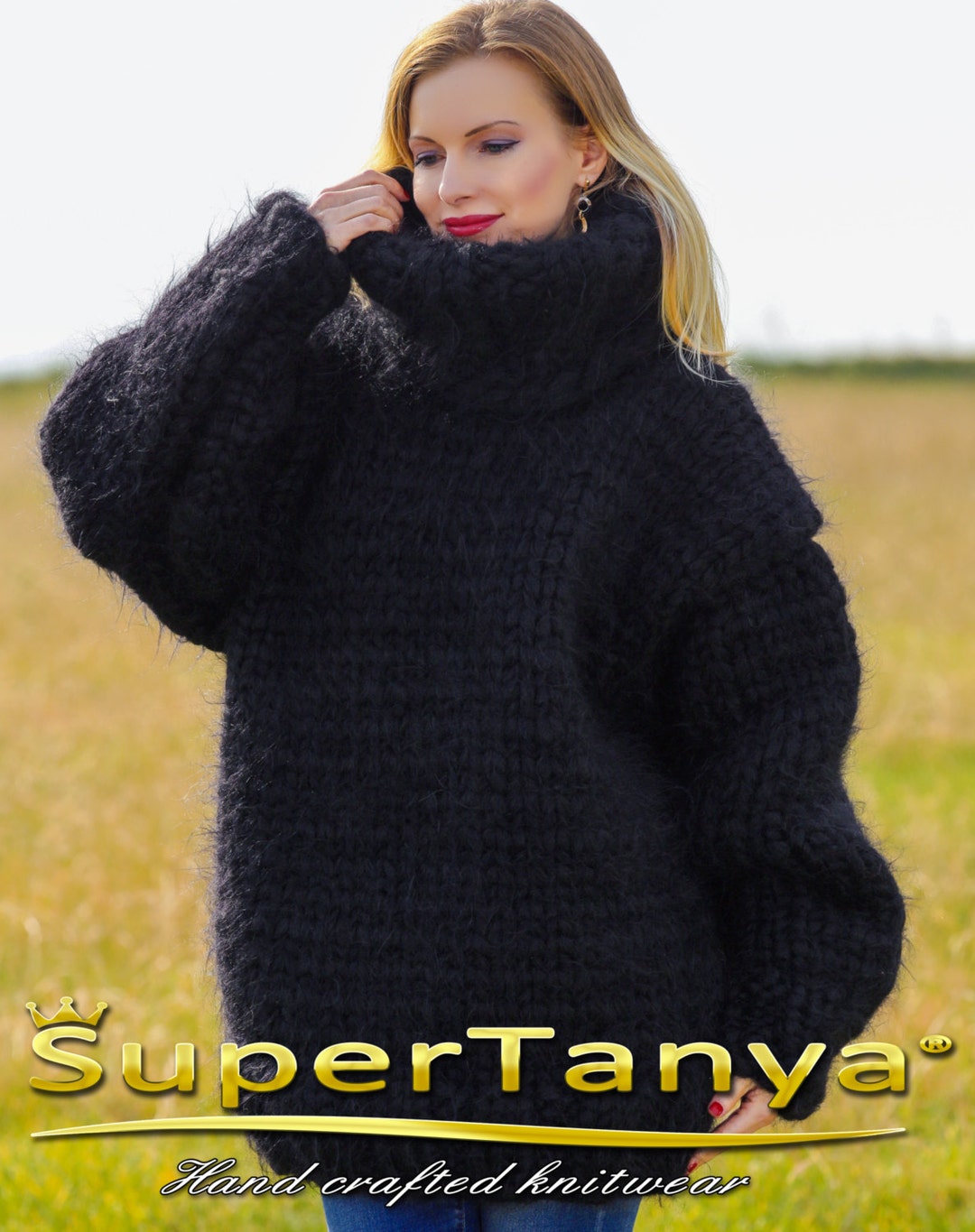 Mega Thick Fuzzy Mohair Pullover Black Hand Knitted Mohair Sweater ...