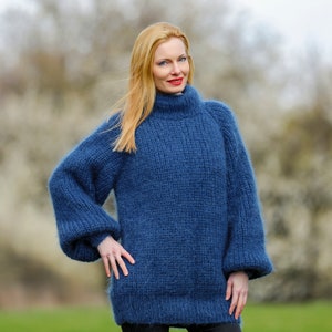 Blue Mohair Sweater Ribbed Supertanya Hand Knitted Thick Warm Jumper ...