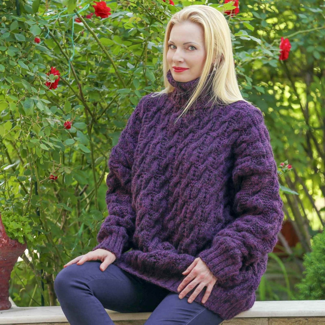 Black Purple Wool Sweater Cable Knit Pullover Supertanya Premium ...