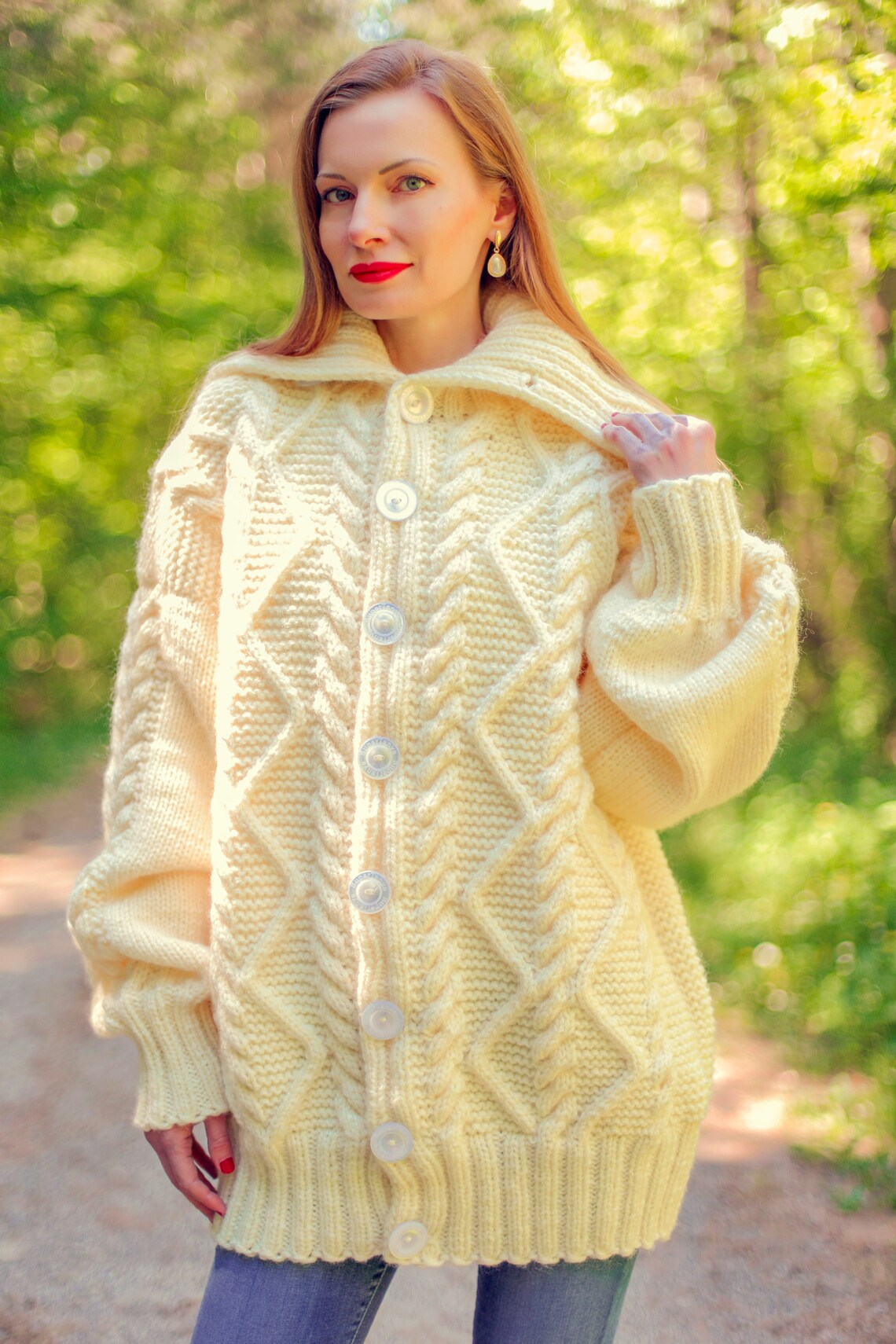 Cable Knit Cardigan Jacket Shawl Collared Cardigan Thick Wool Sweater ...
