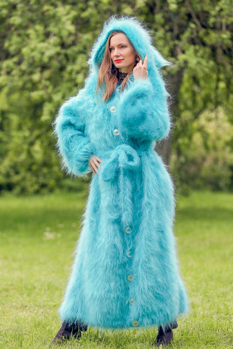 Long Fuzzy Mohair Cardigan Hand Knitted Sweater Coat With Hood Etsy