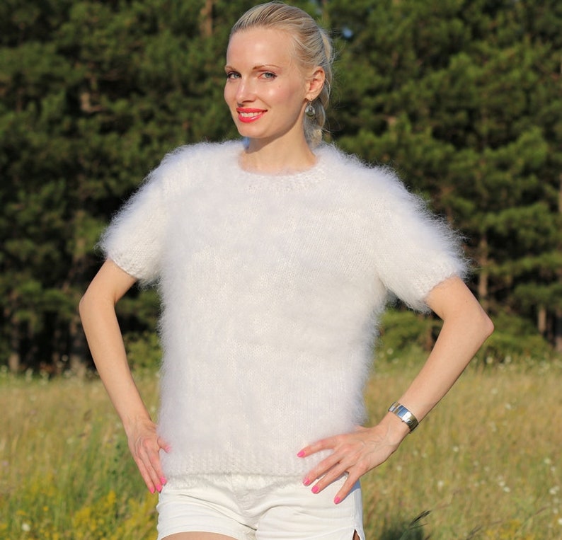 Fluffy Mohair Sweater Short Sleeved Hand Knitted Fuzzy Top Crewneck ...