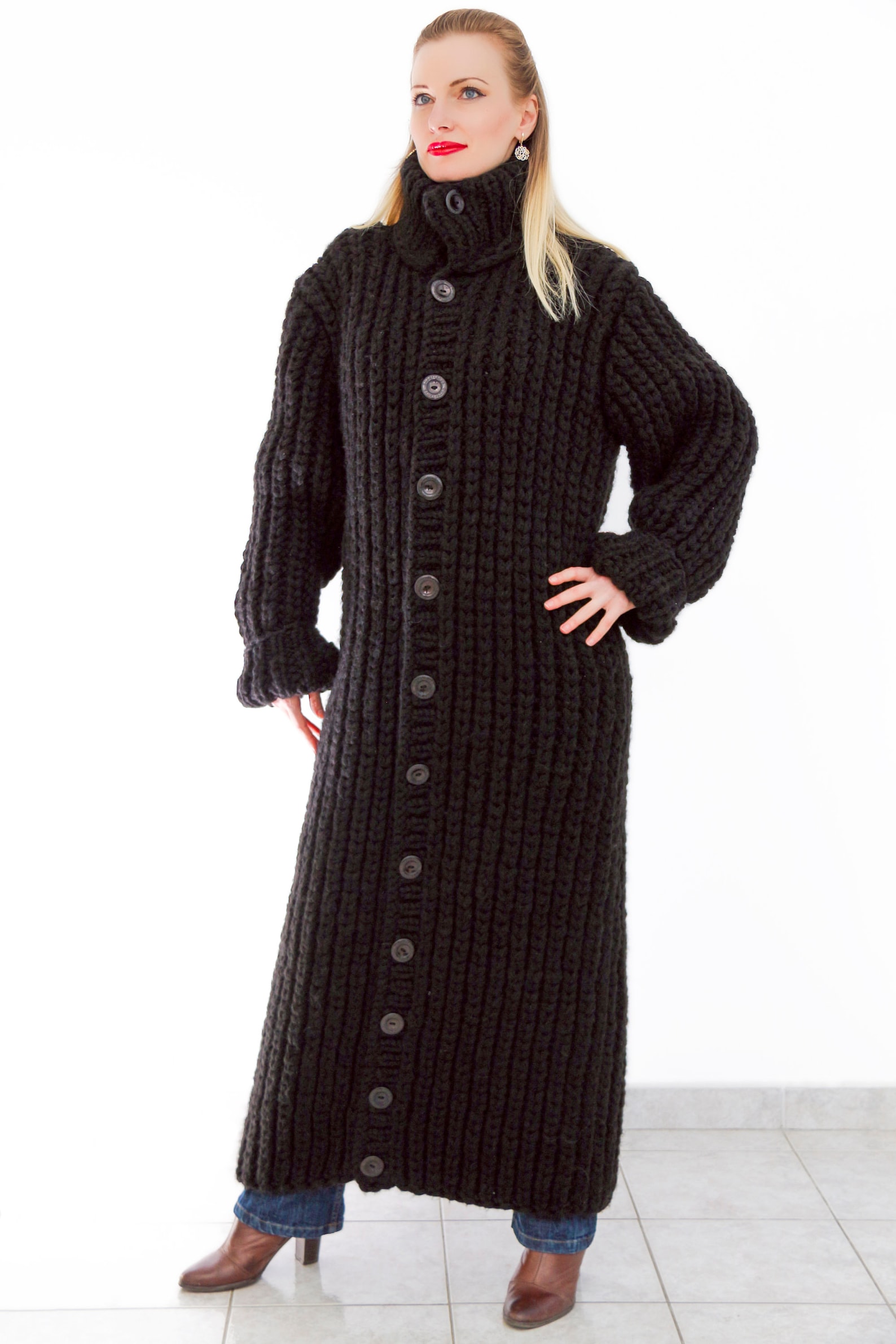 Black Long Wool Cardigan Hand Knitted Sweater Coat Thick Long Cardigan ...