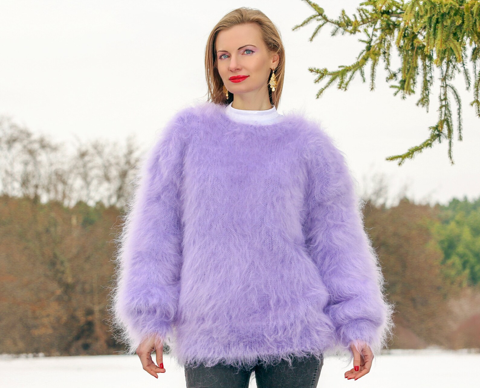 Fuzzy Crewneck Mohair Sweater Hand Knitted Fluffy Pullover Warm Jumper ...