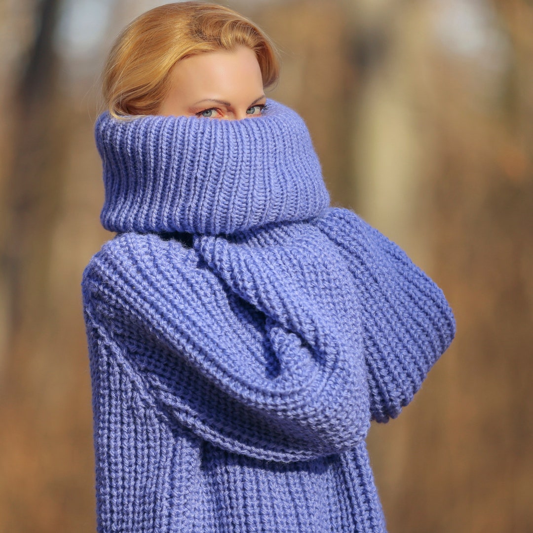 Blue Ribbed Wool Sweater With Extra Long Turtleneck, Supertanya ...