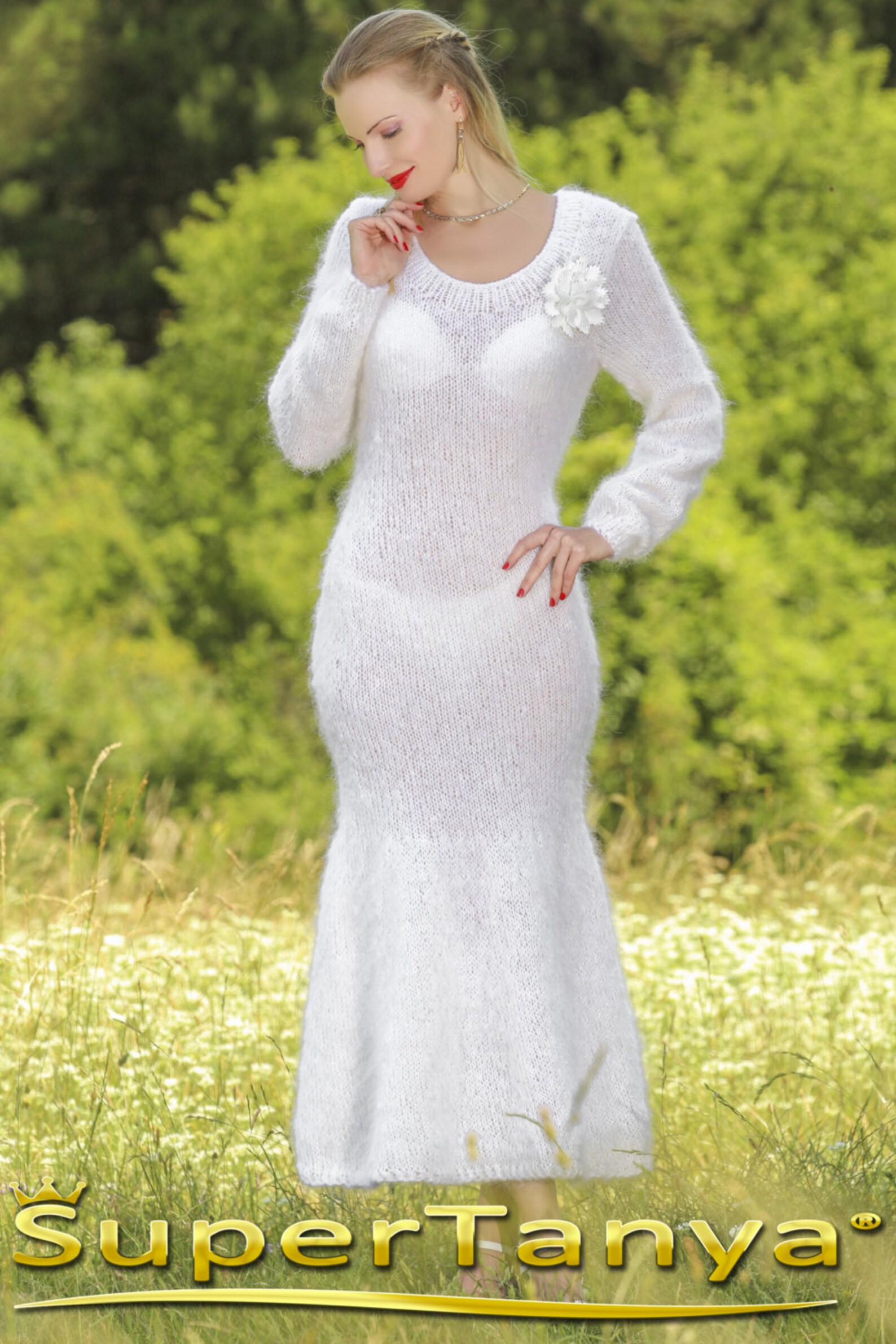 Beautiful Light Fuzzy Dress Hand Knitted Mohair Dress in White, Tightly ...