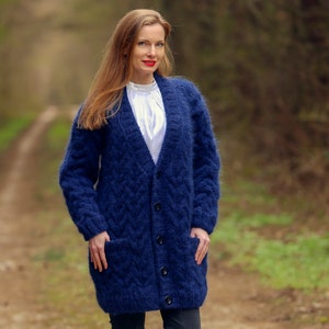 Supertanya Long Mohair Coatigan V Neck Mohair Cardigan Long Cable Knit ...