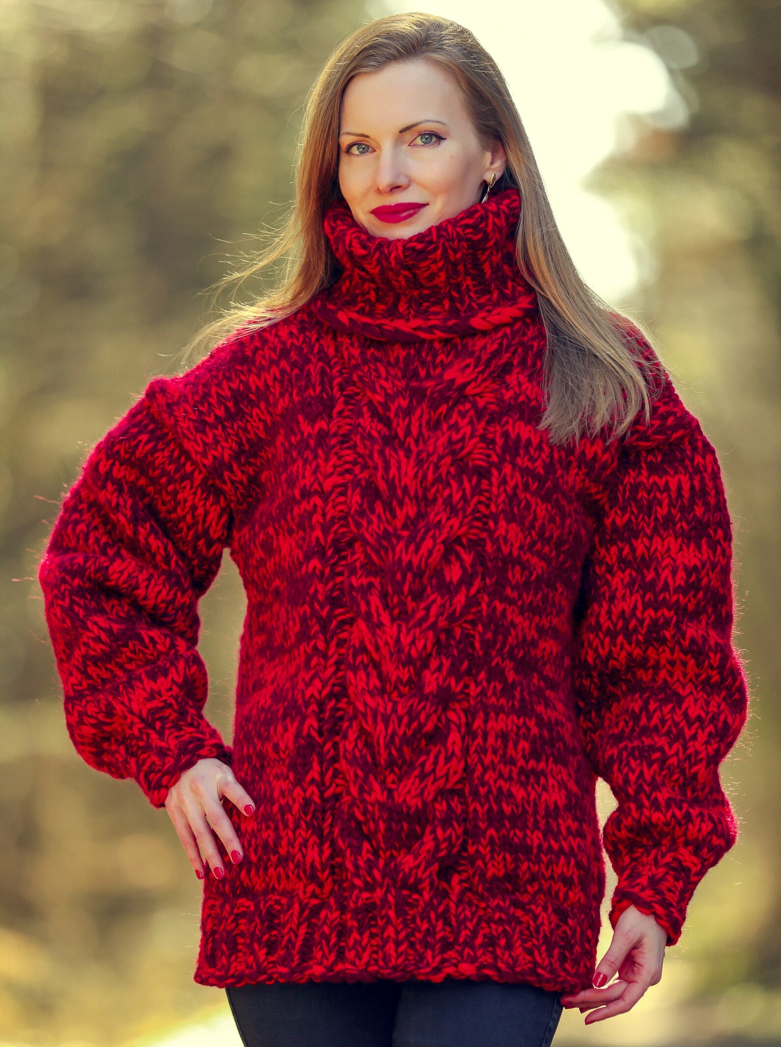 Thick Red Wool Sweater Hand Crafted Thick Turtleneck Pullover ...