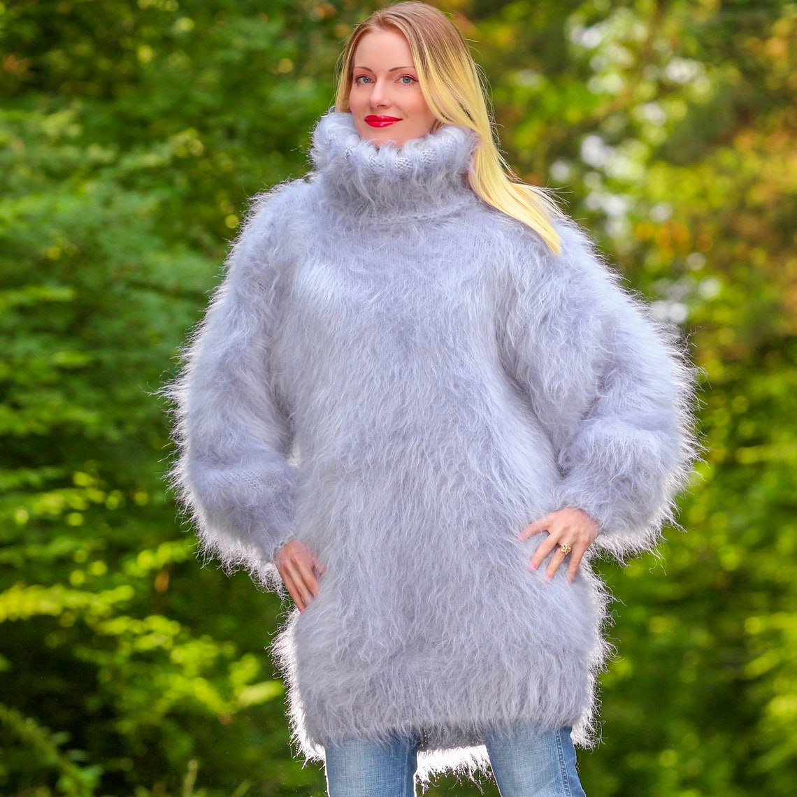 Dicker Fuzzy Long Mohair Sweater Handgestrickter Rollkragenpullover von ...