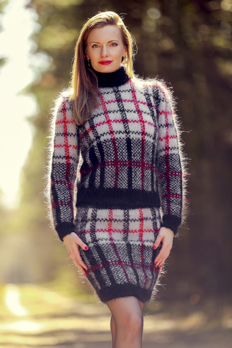 Elegant Tartan Sweater Skirt Scottish Pattern Set Hand Knitted Sweater ...