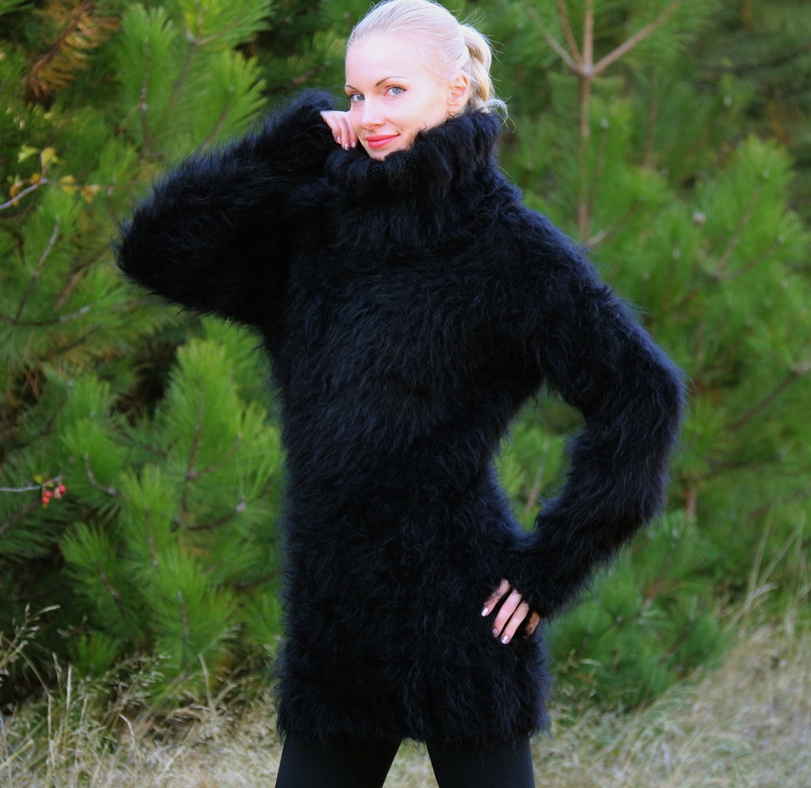 Thick Fuzzy Mohair Sweater Dress Hand Knitted Turtleneck Fuzzy ...