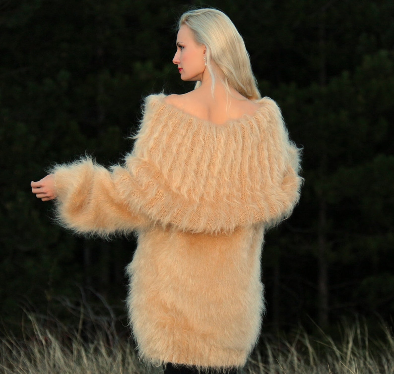 Fuzzy Cowlneck Mohair Sweater Dress Hand Knitted Thick Fluffy Etsy