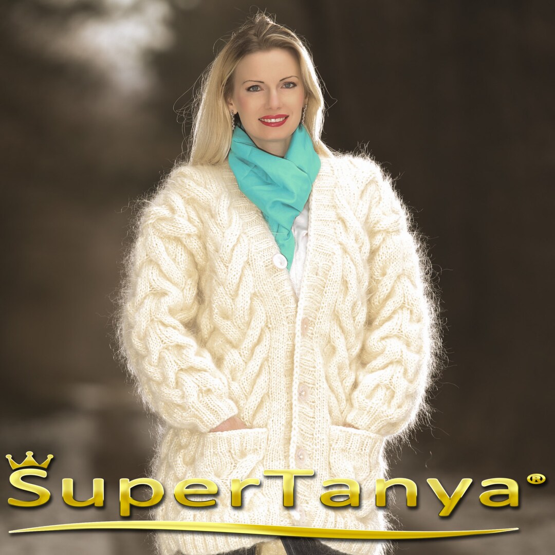 Handmade Ivory Mohair Cardigan, Long Cable Knit V Neck off White ...